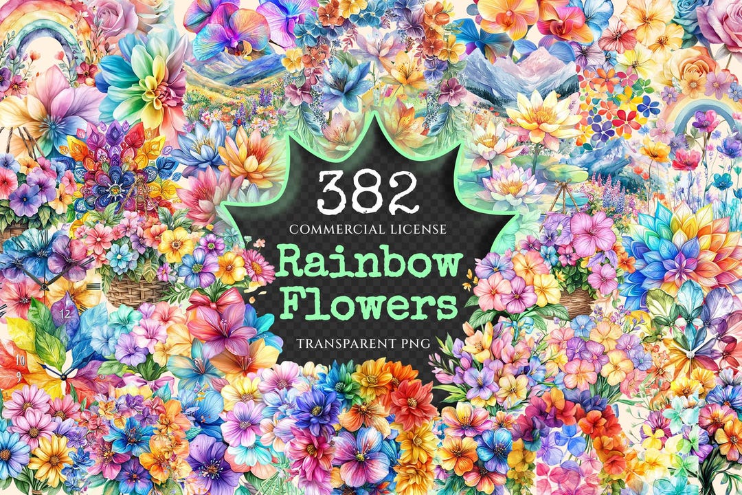 Watercolor Rainbow Flower Clipart Bundle – 380+ PNG Graphics (digital ...
