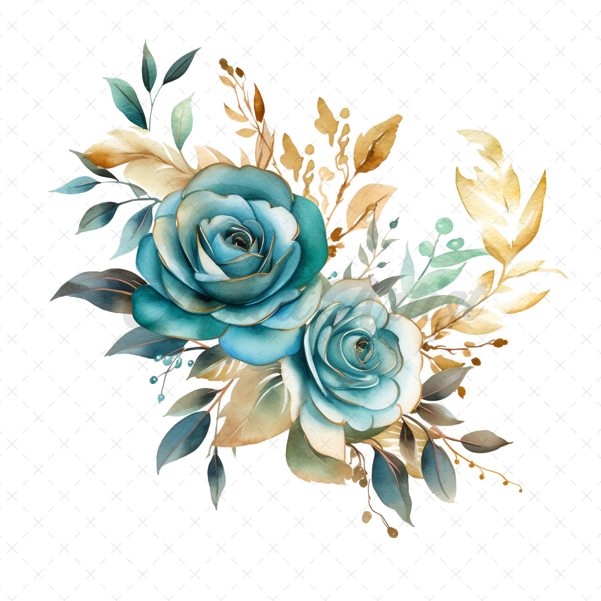 20 High-quality Teal Gold Floral Rose Clipart Floral Rose - Etsy