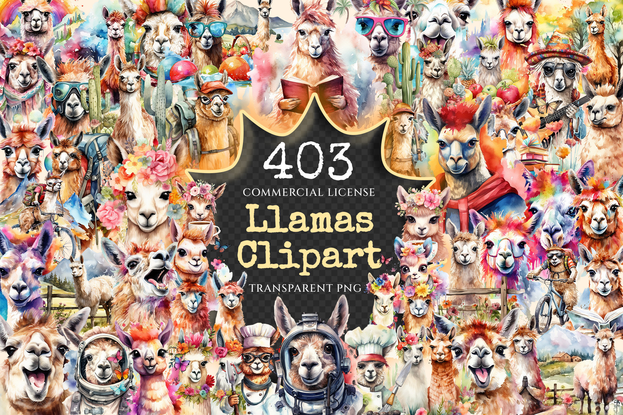 Watercolor Llamas Clipart Bundle – 400+ PNG Images (digital Download ...