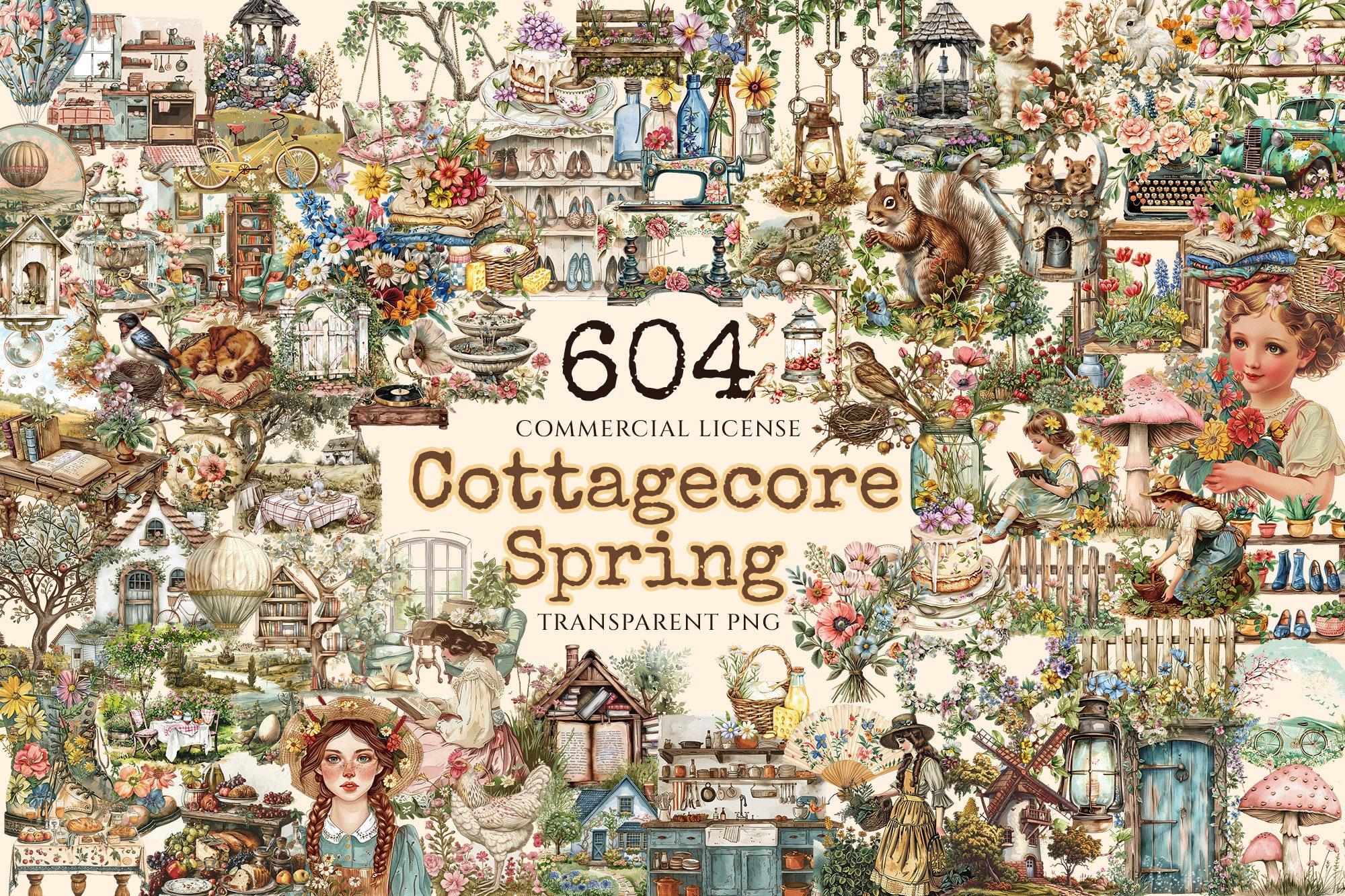 Cottagecore Spring Clipart Bundle 600 Transparent PNG, Springtime ...