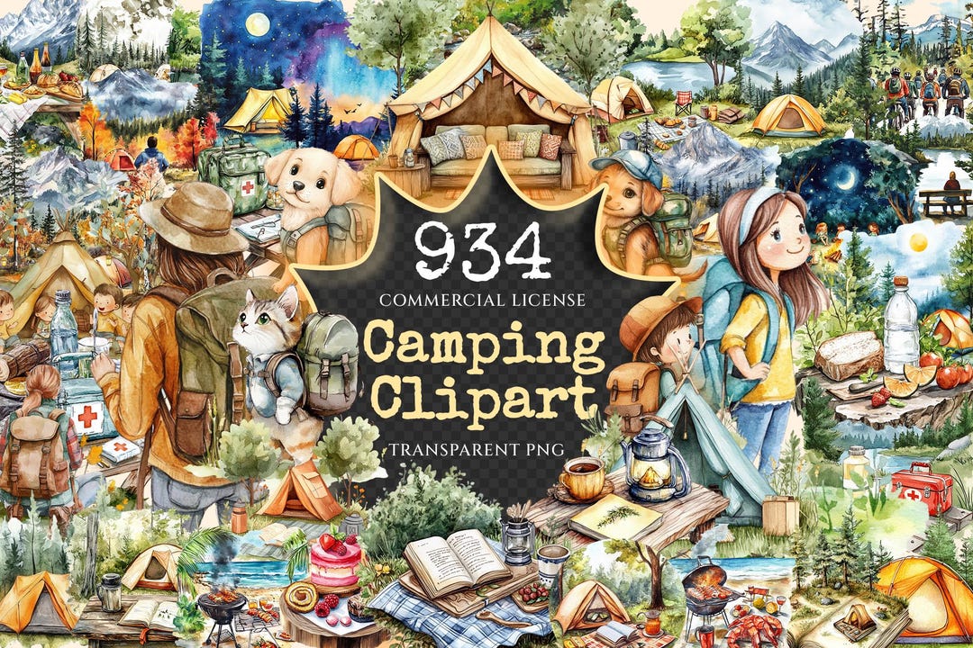 Camping Watercolor Clipart Bundle - 930+ Transparent PNG, Nature ...