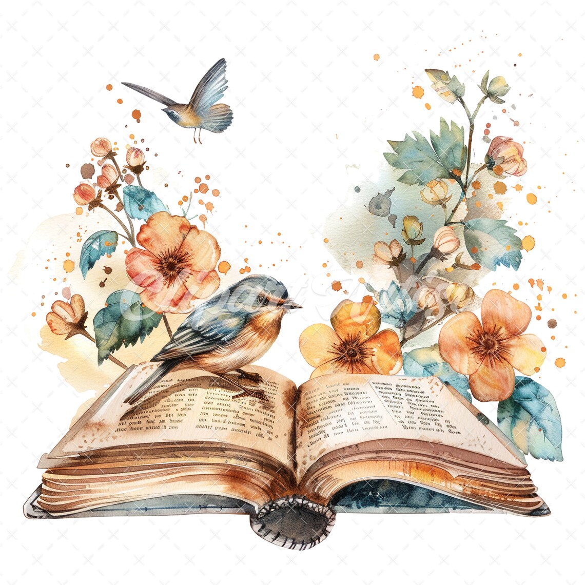 Floral Books Clipart – Watercolor Flower & Bird Illustrations (digital ...