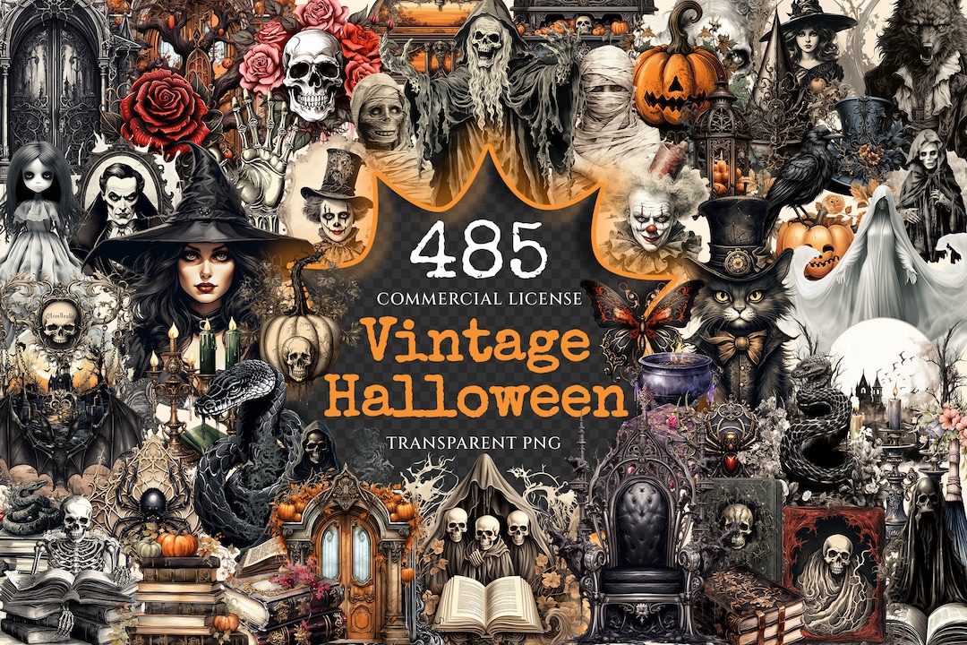 Vintage Halloween Clipart Bundle – 480+ Spooky PNG Graphics (digital ...