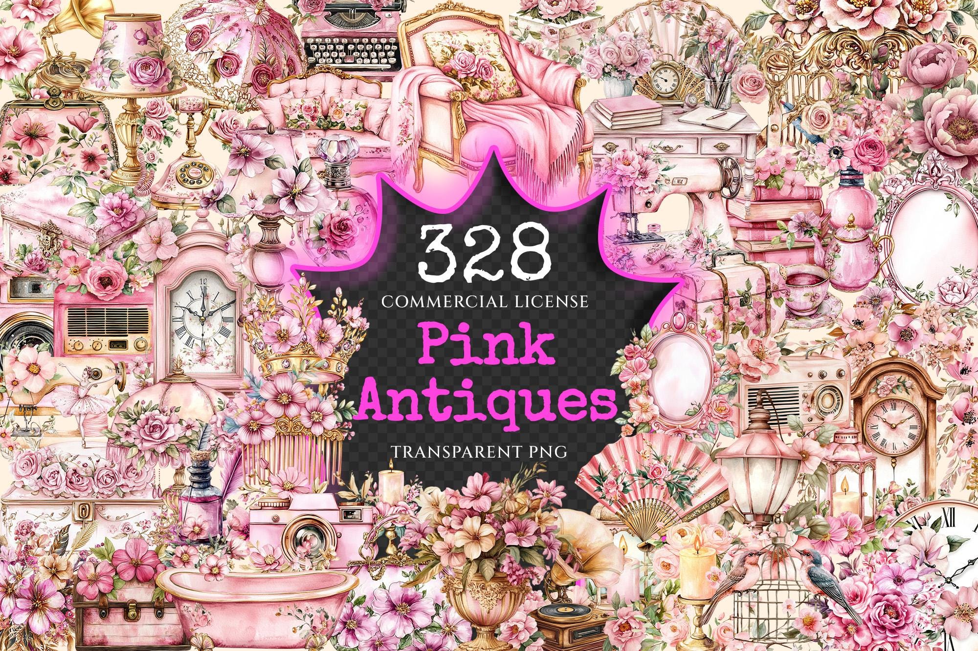 Pink Antiques Watercolor Clipart Bundle – Vintage Graphics (digital ...