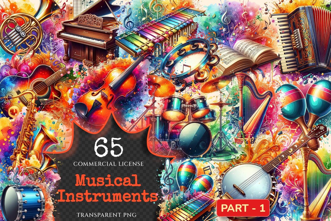 Musical Instruments Clipart – 65 Colorful PNG Graphics (digital ...