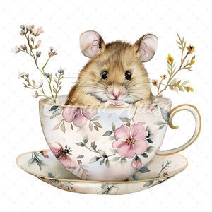 Floral Mice Clipart – Watercolor Tea Cup Mouse JPG (digital Download ...