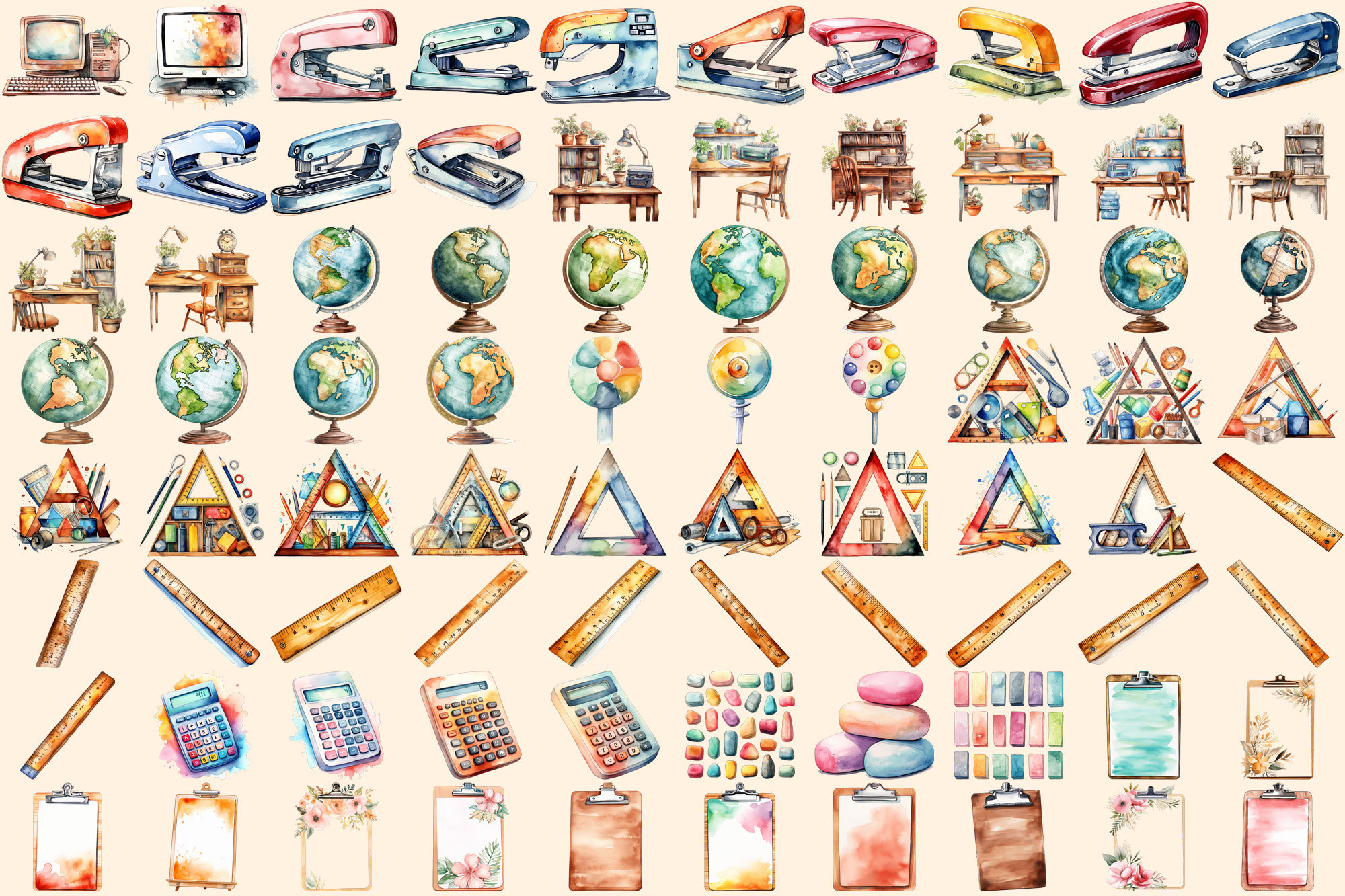 Watercolor School Supplies Clipart – 535+ PNG, Commercial Use (digital ...