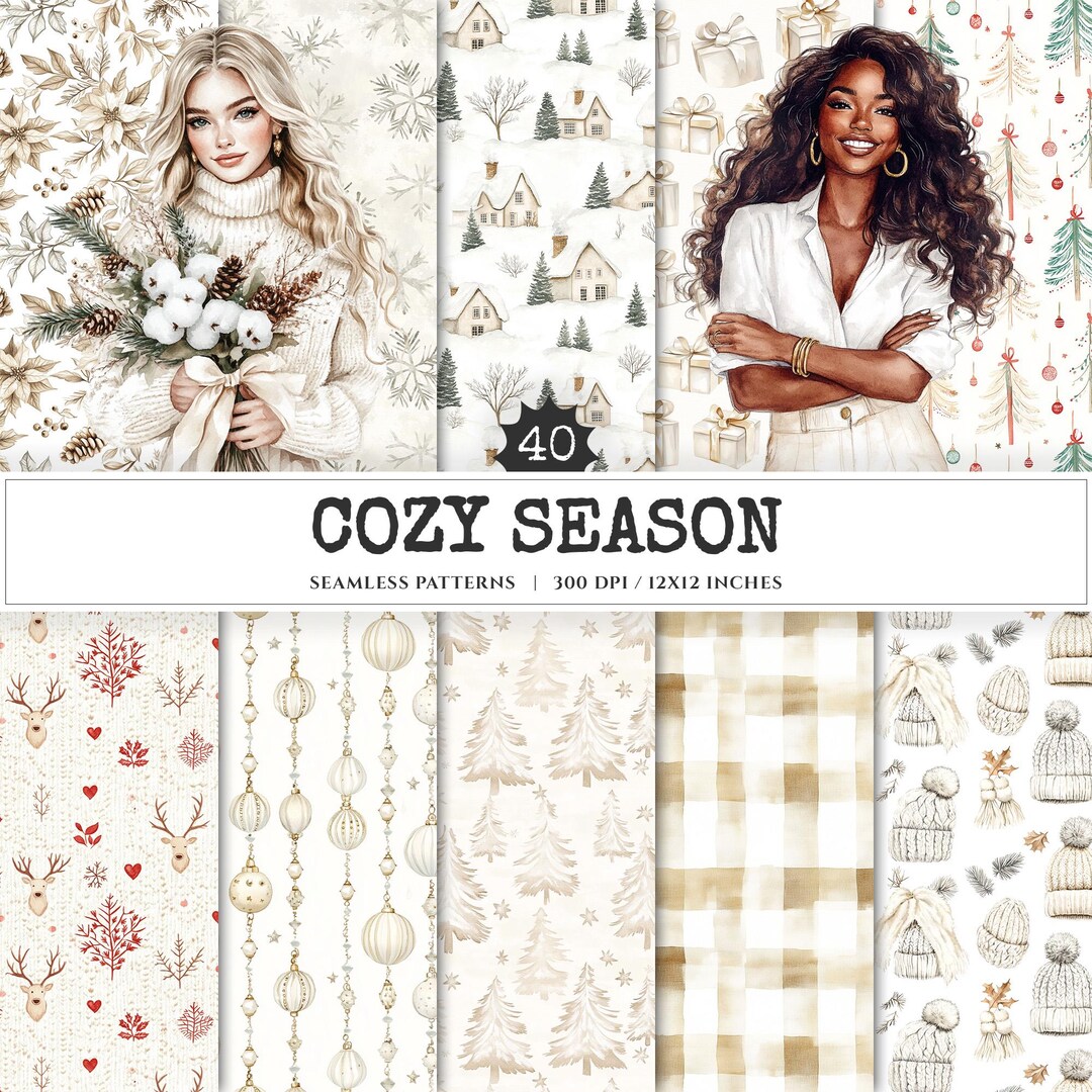 Cozy Season Seamless Patterns, JPEG, Winter Cottage Pattern, Gift Boxes ...
