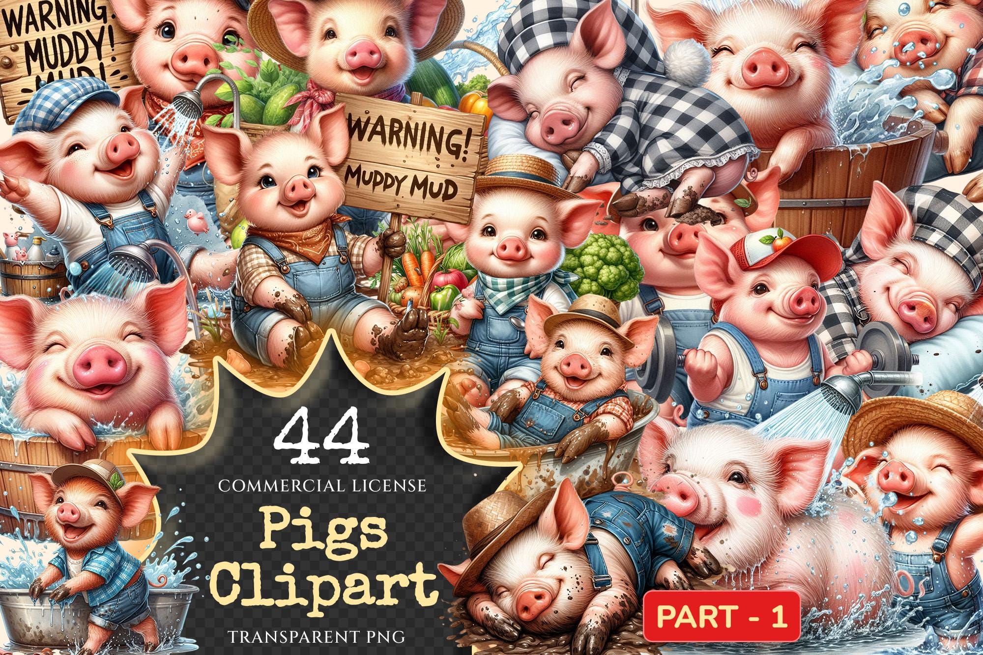 Pigs PNG Clipart Collection – 44 Farm Animal Illustrations (digital ...