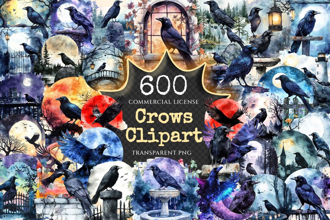 Watercolor Crows Clipart – 600 PNG Graphics, Mystical Bird ...