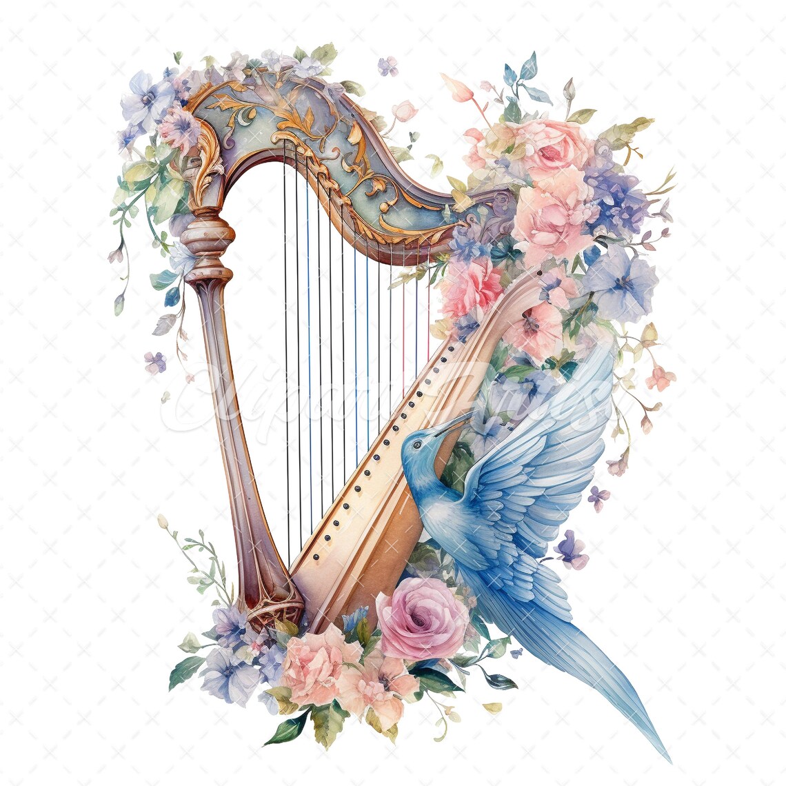 20 High-quality Magical Floral Harp Bird Clipart Floral Harp Digital ...