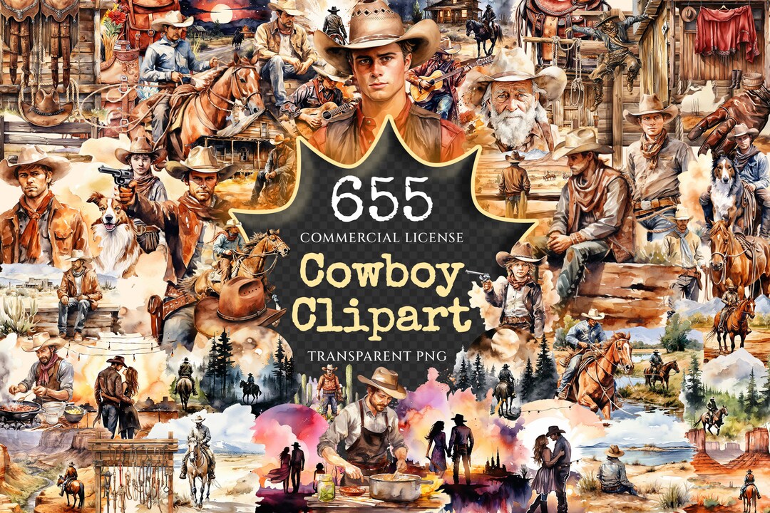 Watercolor Cowboy Clipart Bundle – 650+ PNG Illustrations (digital ...