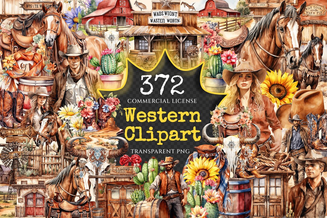 Western Watercolor Clipart Bundle - 370+ Transparent PNG, Texas Cowboy ...