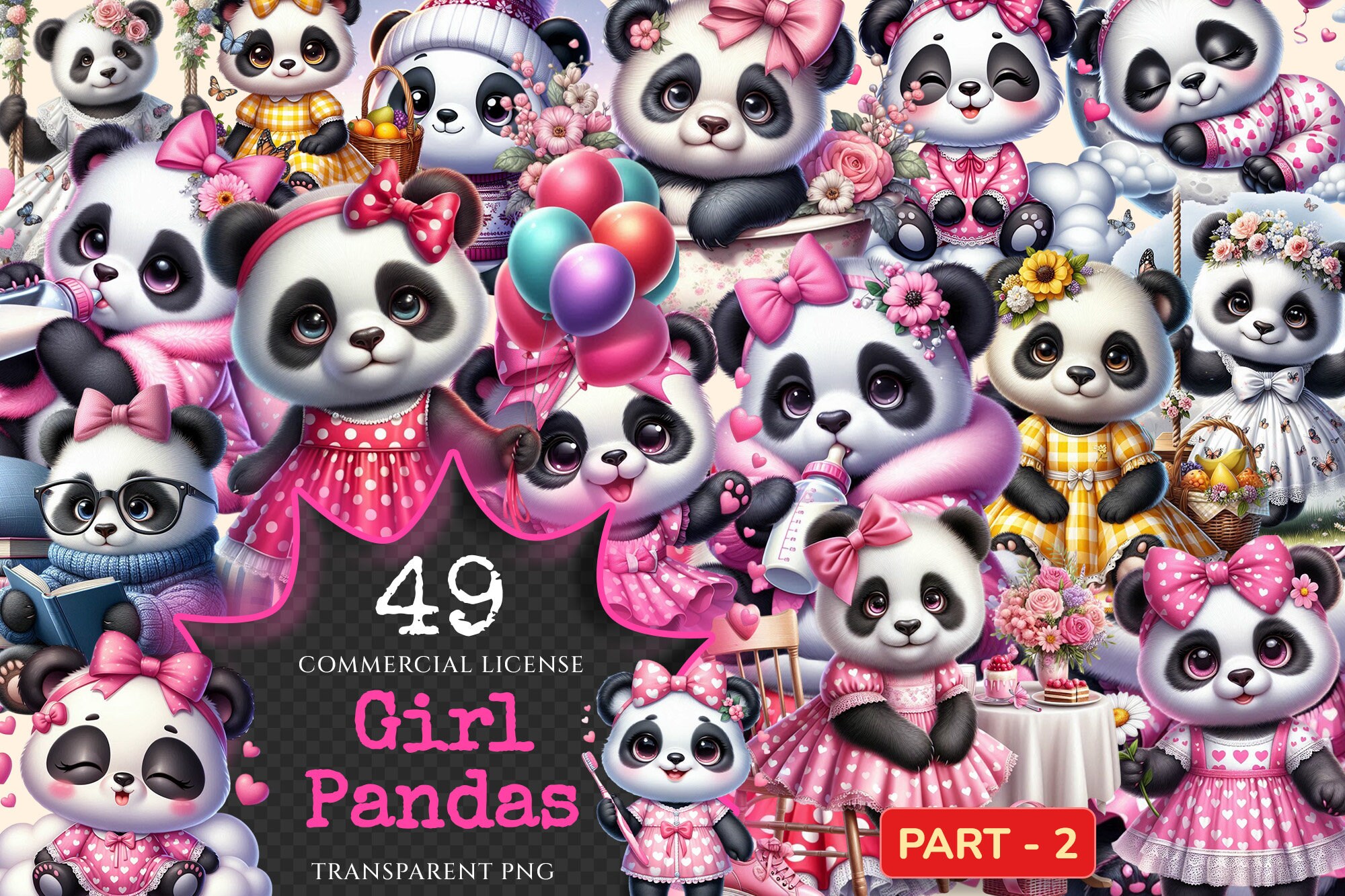 Girl Panda Clipart Collection – 49 PNG Illustrations (digital Download ...