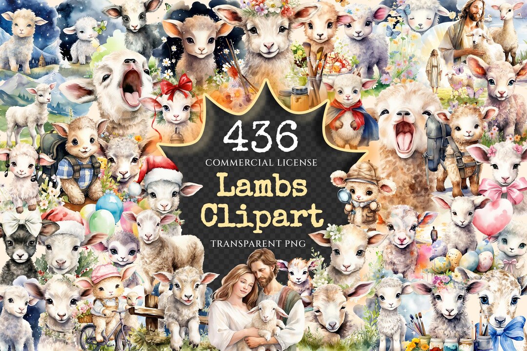 Lambs Watercolor Clipart Bundle - 432+ Transparent PNG, Adorable Farm ...