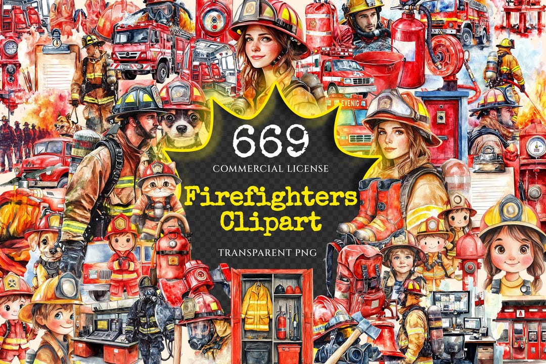 Firefighters Watercolor Clipart Bundle - 665+ Transparent PNG, Rescue ...