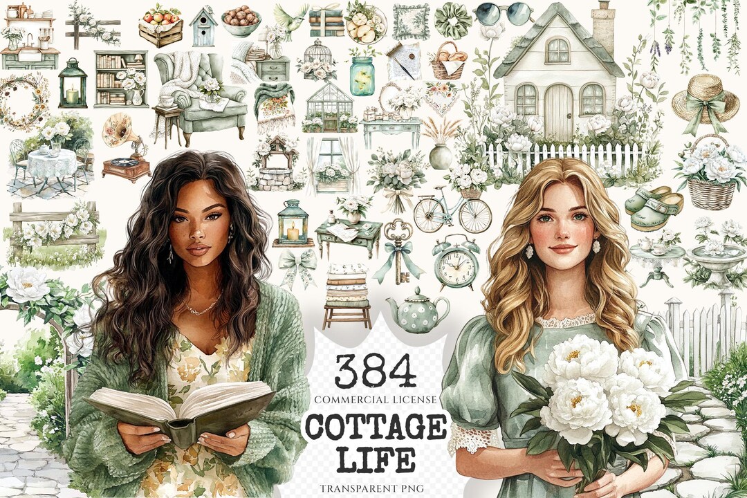 Cottage Life Watercolor Clipart Set - 380+ Transparent PNG, Cozy ...