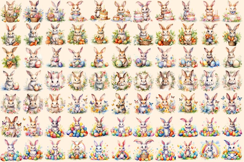 Watercolor Easter Bunnies Clipart Bundle – 535+ PNG Graphics (digital ...