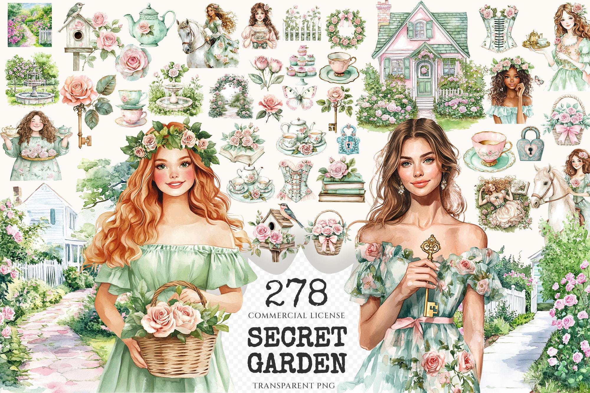 Secret Garden Watercolor Clipart Set – 275+ PNG Graphics (digital ...