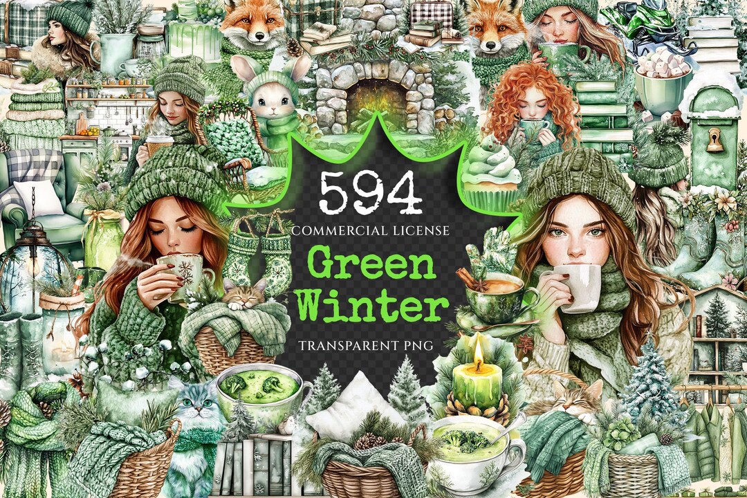 Green Winter Watercolor Clipart Bundle – 590+ PNG Graphics (digital ...