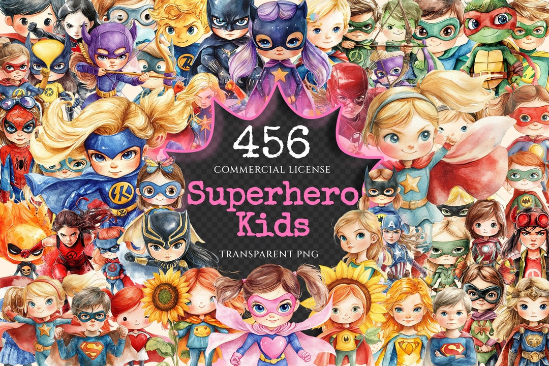 Superhero Kids Watercolor Clipart Bundle - 450+ Transparent PNG, Heroic ...