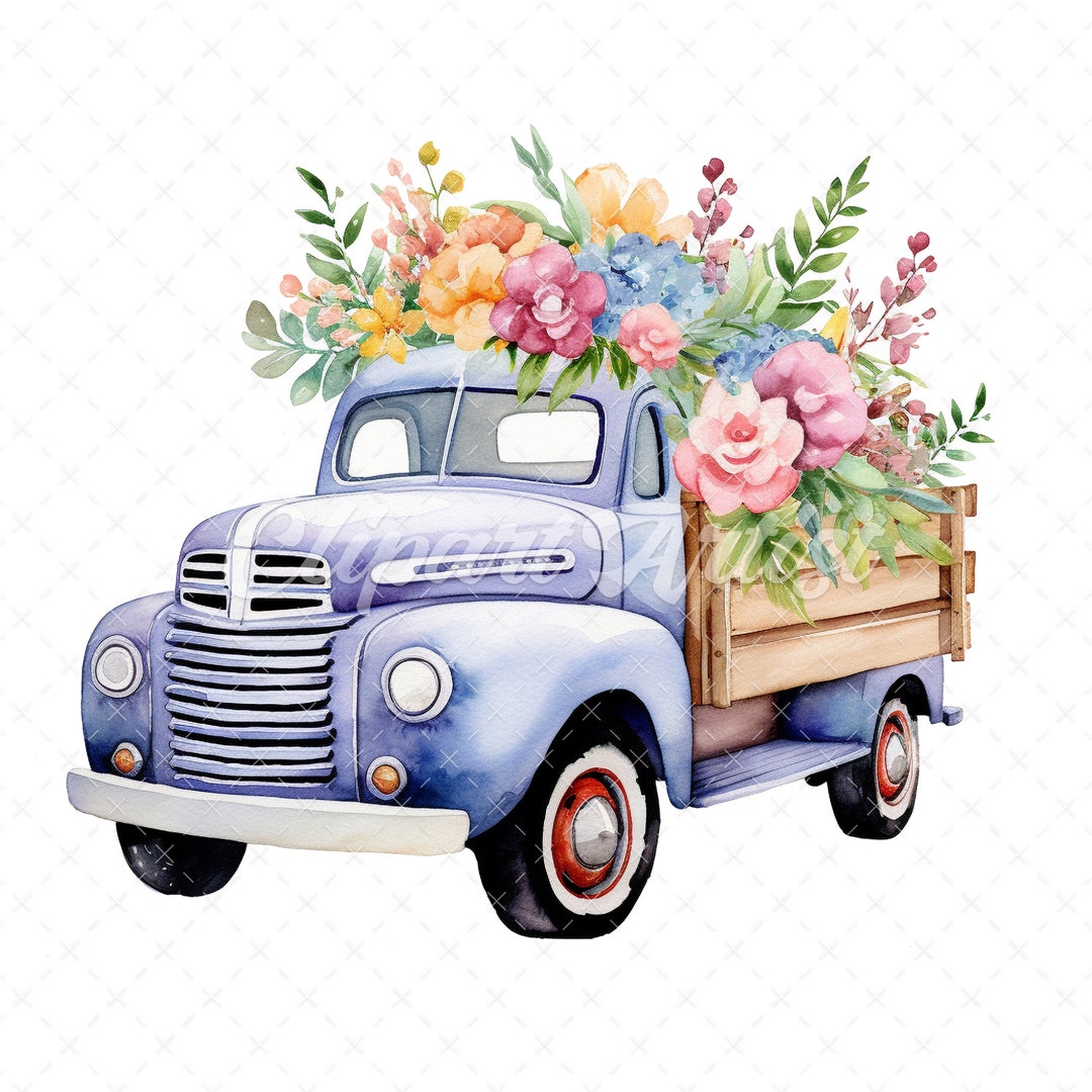 19 High-quality Floral Truck Clipart - Floral Truck Digital Watercolor ...