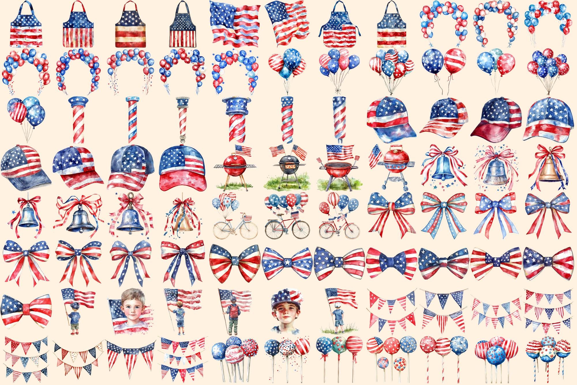 4th of July Watercolor Clipart Bundle – Patriotic PNG Graphics (digital ...