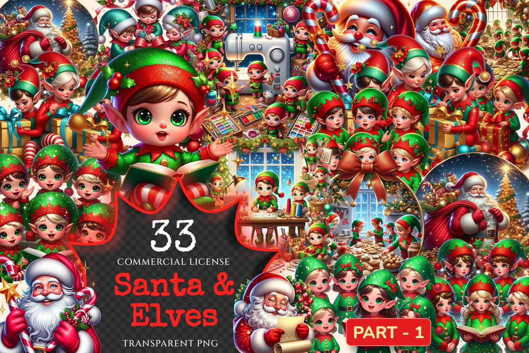 Santa & Elves Clipart – 33 PNG Holiday Illustrations (digital Download ...