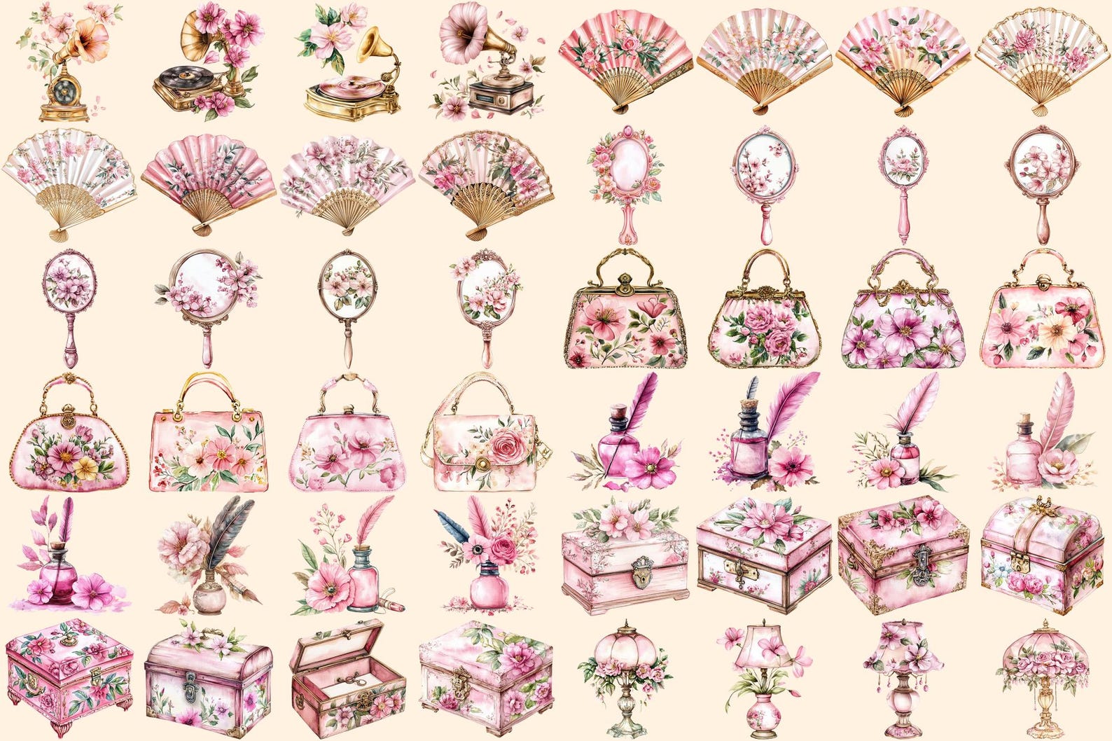 Pink Antiques Watercolor Clipart Bundle – Vintage Graphics (digital ...