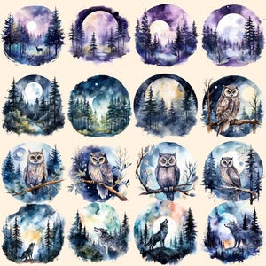 Forest Moons Watercolor Clipart Bundle - 130+ Transparent PNG, Magical Twilight Graphics ...