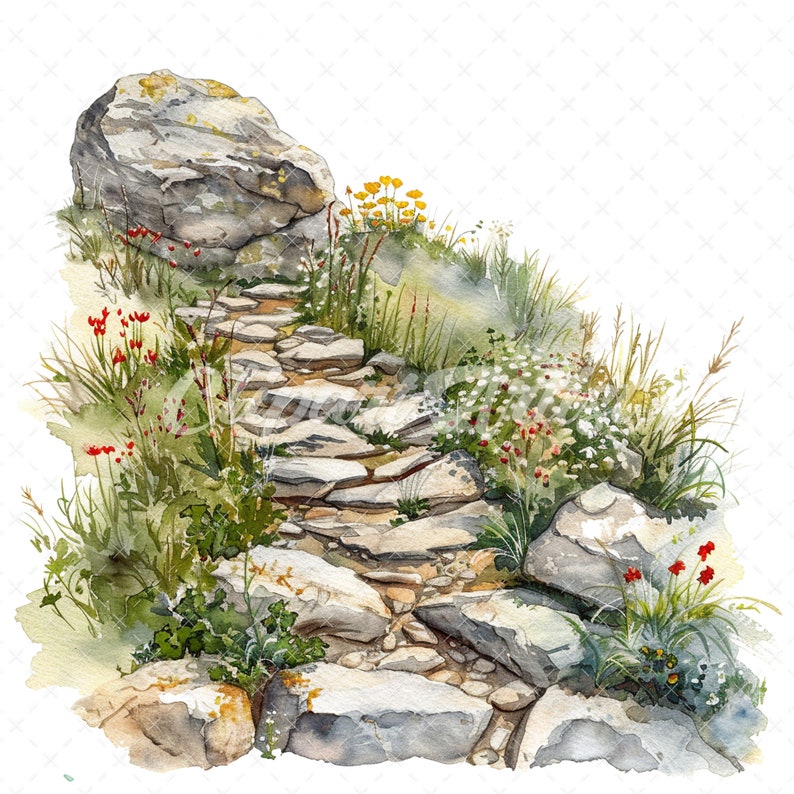 Watercolor Rocky Path Clipart – Scenic Landscape Art (digital Download ...