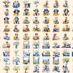 Denim Daisies Watercolor Clipart Bundle – 675+ PNG, Blue Springtime ...