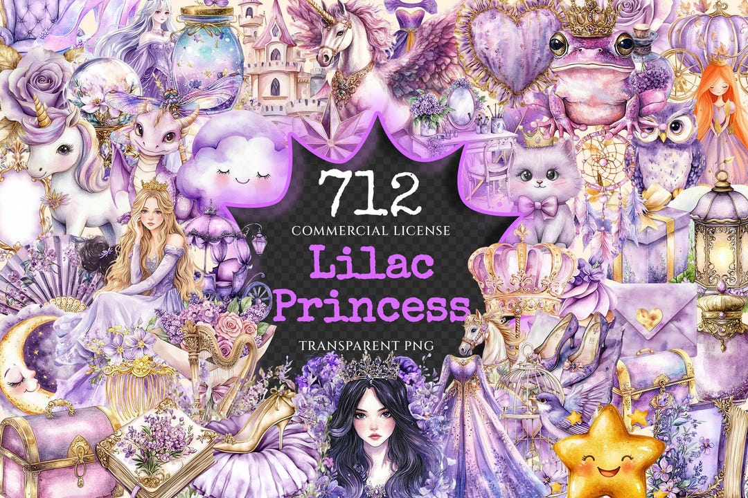 Lilac Princess Watercolor Clipart Bundle – 710+ PNG Graphics (digital ...