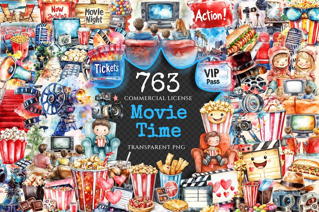 Movie Night Watercolor Clipart – Cinema Snacks PNG Bundle (digital ...