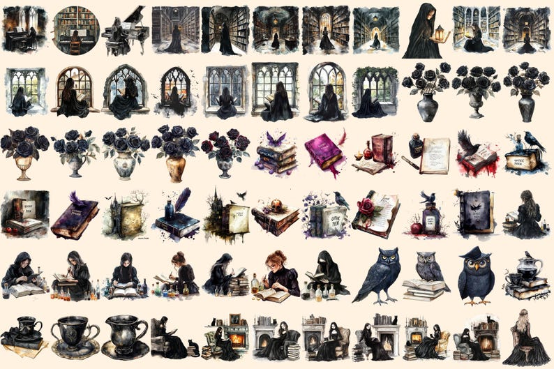 Gothic Academia Watercolor Clipart Bundle – 443+ PNG Images (digital ...