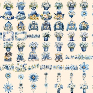 Denim Daisies Watercolor Clipart Bundle – 675+ PNG, Blue Springtime ...