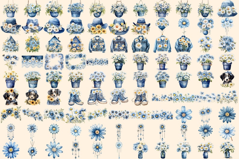Denim Daisies Watercolor Clipart Bundle – 675+ PNG, Blue Springtime ...
