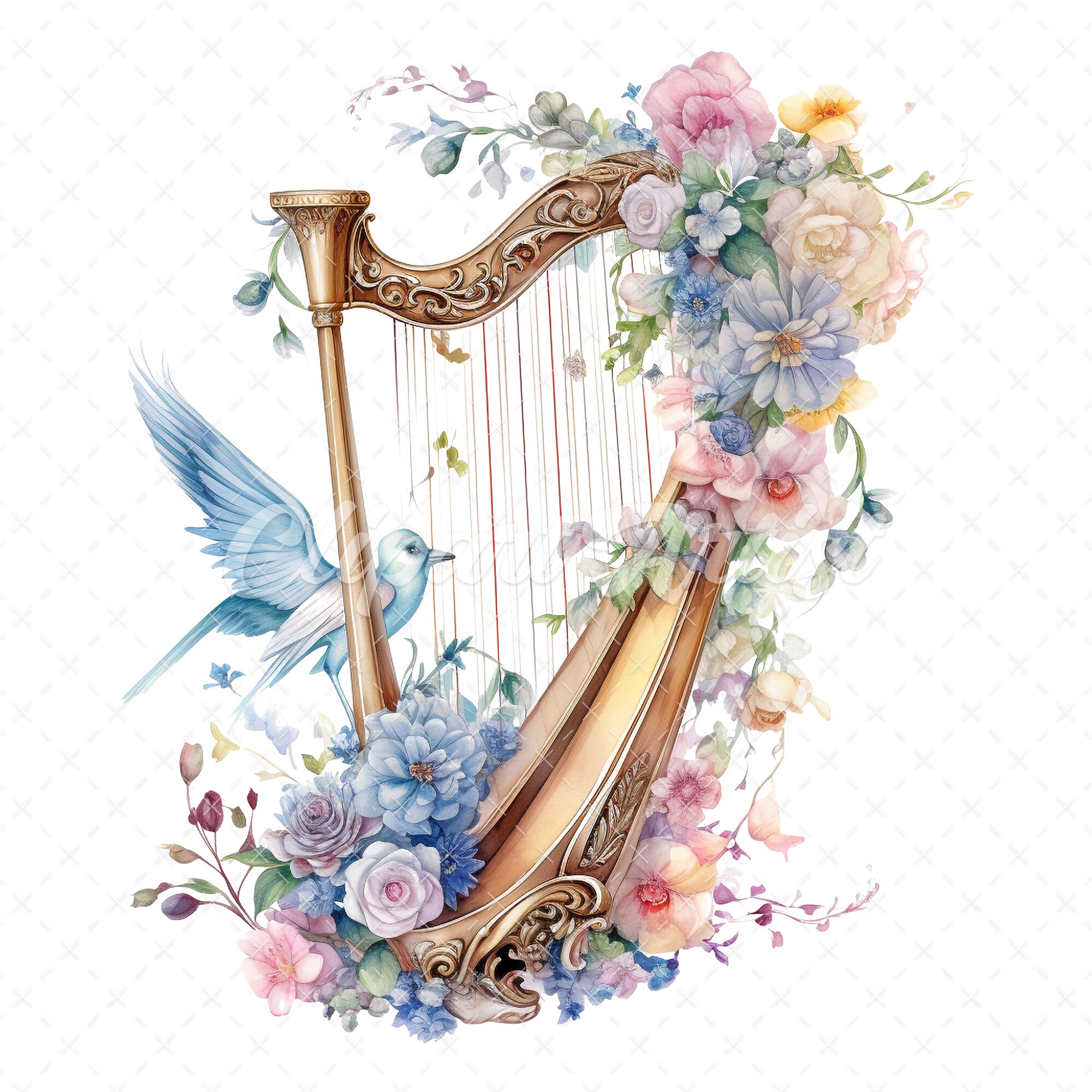 20 High-quality Magical Floral Harp Bird Clipart Floral Harp Digital Watercolor JPG Instant ...