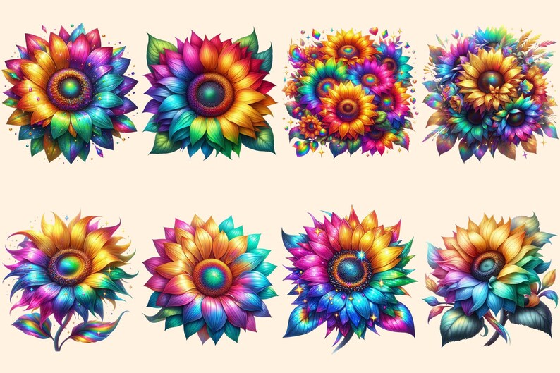Rainbow Sunflower Clipart – Bright Floral Illustrations (PNG Digital ...