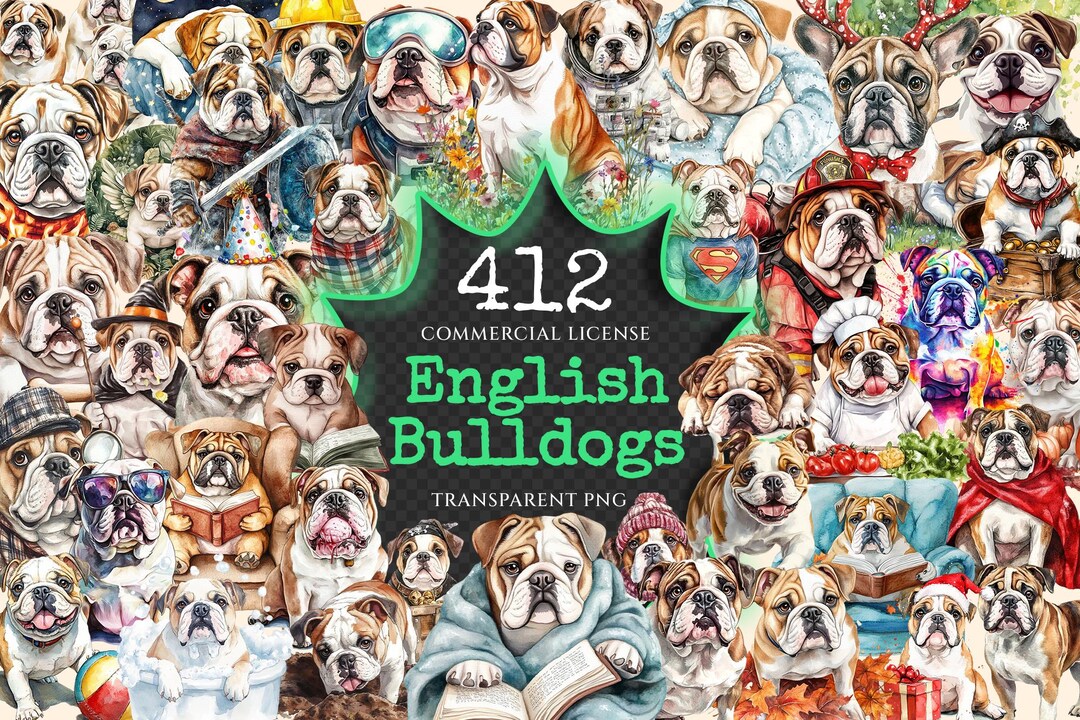 Watercolor English Bulldogs Clipart Bundle – 410+ PNG Graphics (digital ...