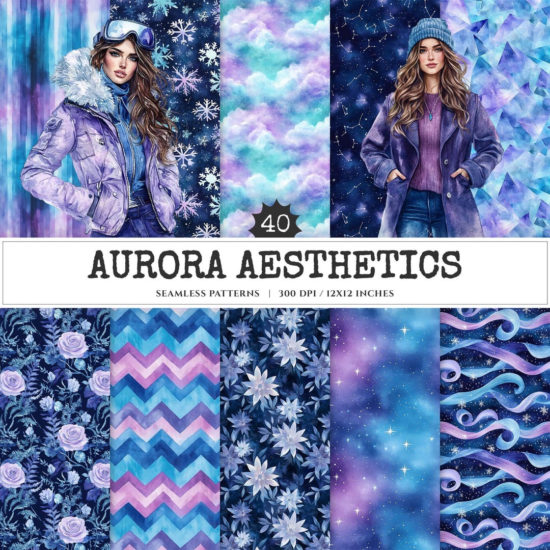 Aurora Northern Lights Seamless Patterns, Winter Snowflake, Polar Night ...