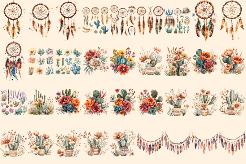 Boho Western Watercolor Clipart Bundle – 240+ PNG Graphics (digital ...