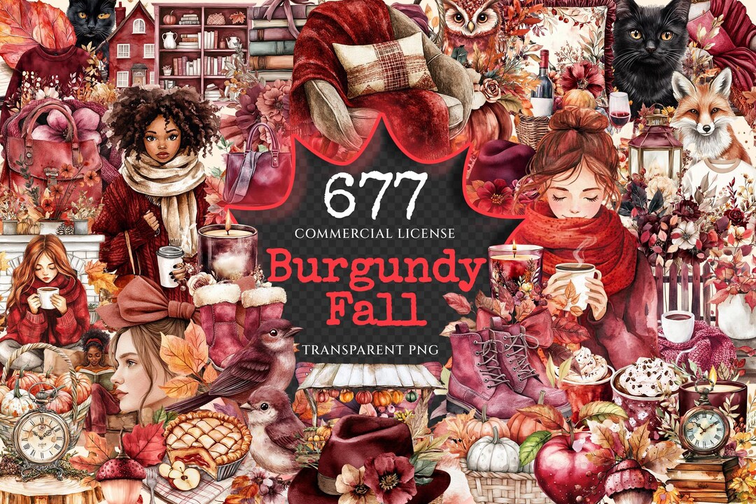 Burgundy Fall Watercolor Clipart Bundle – 672+ PNG Images (digital ...