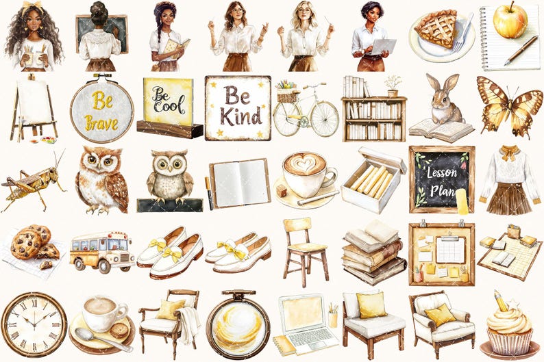 Watercolor School Clipart Set - Classroom PNG Graphics (digital ...
