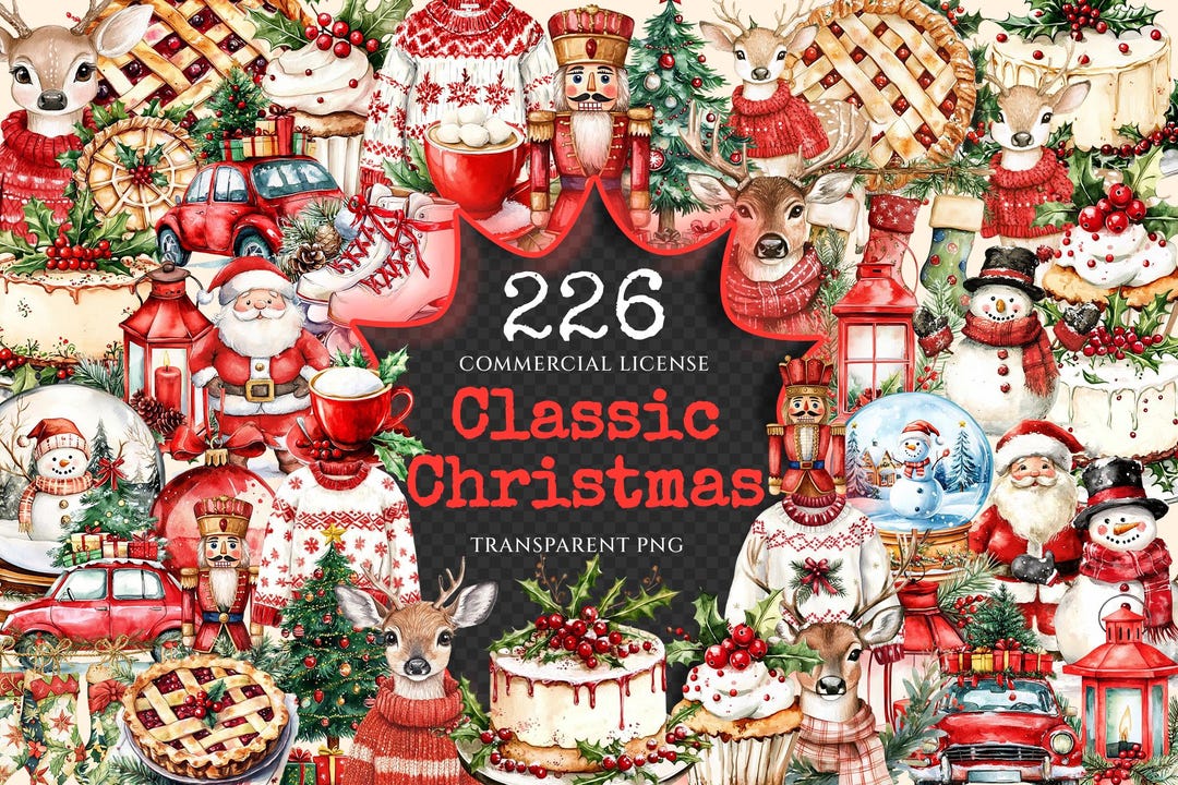Classic Christmas Watercolor Clipart Bundle - 223+ Transparent PNG ...