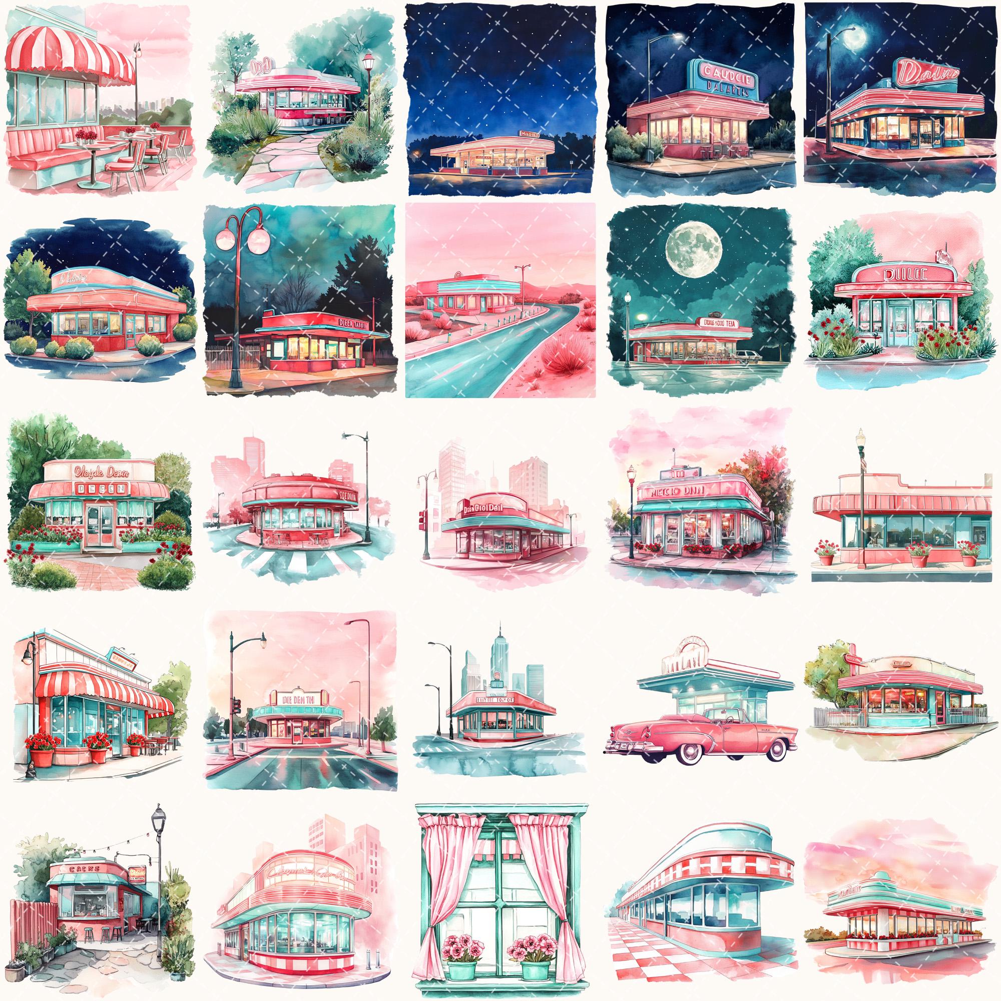 American Neon Diner Clipart Set – 50's Diner Illustrations, Nostalgic ...