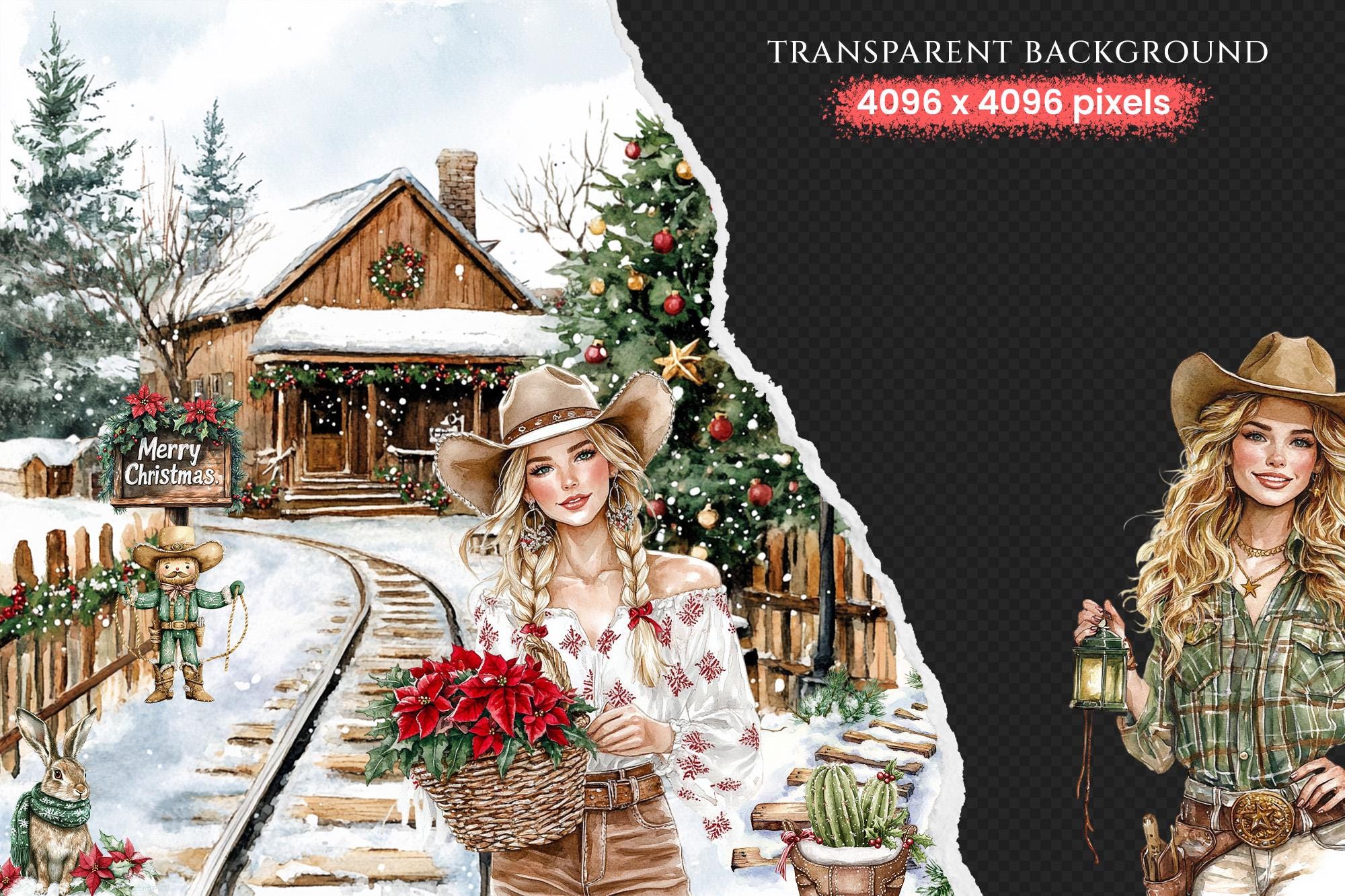 Rodeo Christmas Watercolor Clipart Set – Western Holiday PNG (digital ...