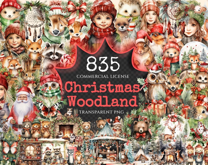 Christmas Woodland Watercolor Clipart Bundle - 859 PNG Festive Forest ...