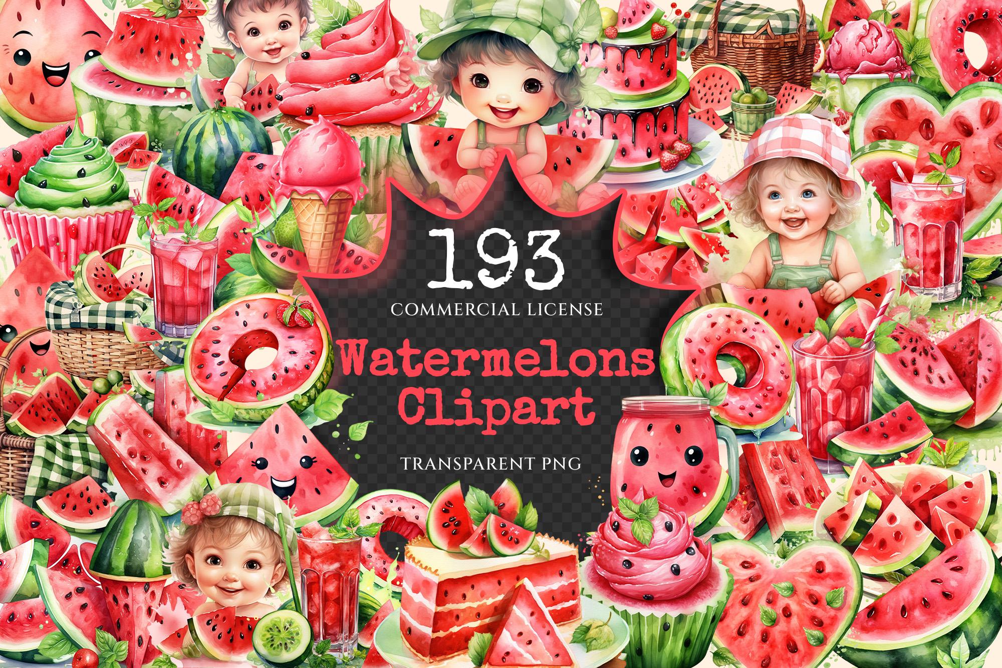 Watermelon Clipart Bundle – 190+ PNG Watercolor Summer Images (digital ...