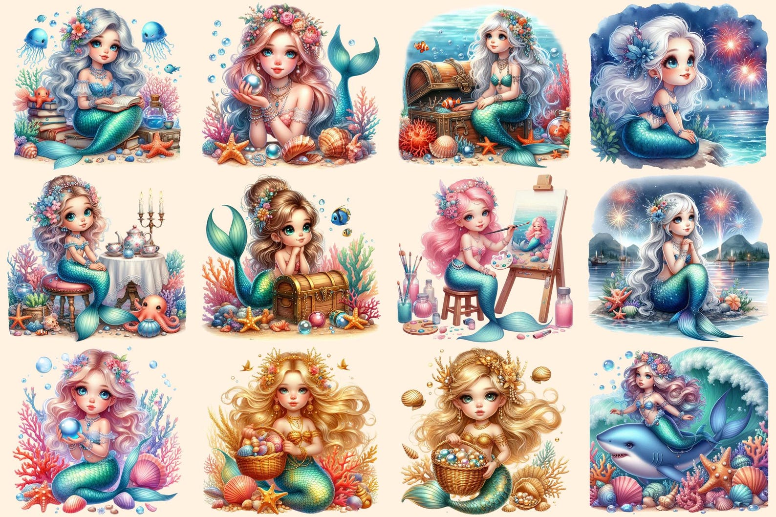 Mermaid Clipart – 55 PNG Illustrations, Ocean Theme (digital Download ...
